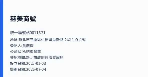 赫美商號的照片-統編 60011821(新北市) 公司登記資料與營業項目詳細圖表