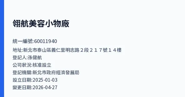 翎航美容小物廠的照片-統編 60011940(新北市) 公司登記資料與營業項目詳細圖表
