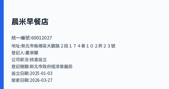 晨米早餐店的照片-統編 60012027(新北市) 公司登記資料與營業項目詳細圖表