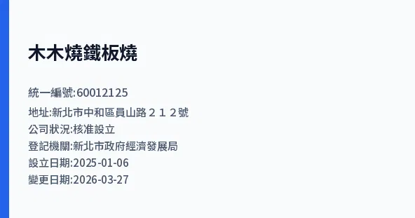 木木燒鐵板燒的照片-統編 60012125(新北市) 公司登記資料與營業項目詳細圖表