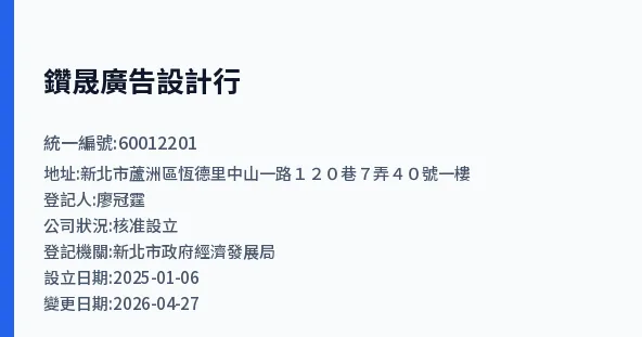 鑽晟廣告設計行的照片-統編 60012201(新北市) 公司登記資料與營業項目詳細圖表
