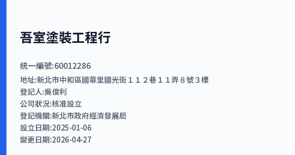 吾室塗裝工程行的照片-統編 60012286(新北市) 公司登記資料與營業項目詳細圖表