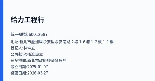 給力工程行的照片-統編 60012687(新北市) 公司登記資料與營業項目詳細圖表