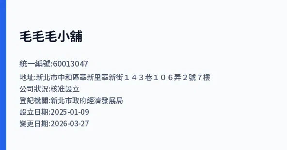 毛毛毛小舖的照片-統編 60013047(新北市) 公司登記資料與營業項目詳細圖表