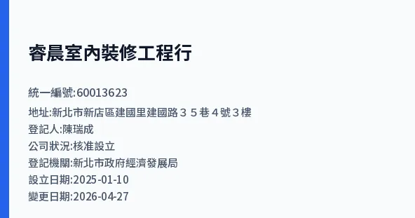 睿晨室內裝修工程行的照片-統編 60013623(新北市) 公司登記資料與營業項目詳細圖表