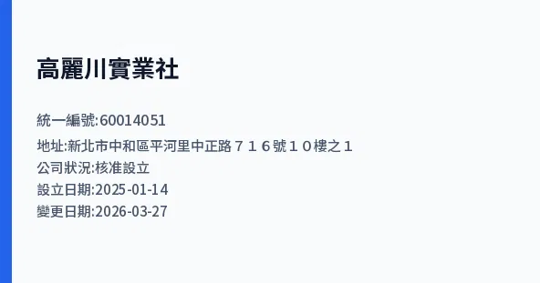 高麗川實業社的照片-統編 60014051(新北市) 公司登記資料與營業項目詳細圖表