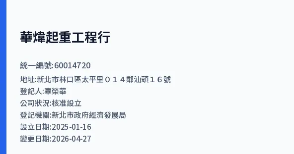 華煒起重工程行的照片-統編 60014720(新北市) 公司登記資料與營業項目詳細圖表