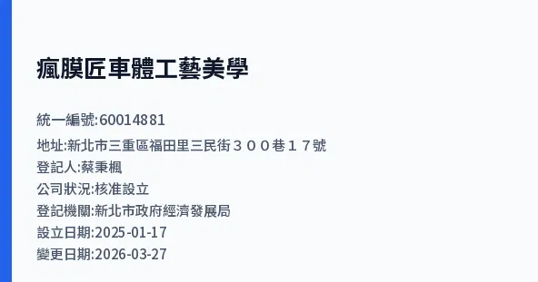 瘋膜匠車體工藝美學的照片-統編 60014881(新北市) 公司登記資料與營業項目詳細圖表