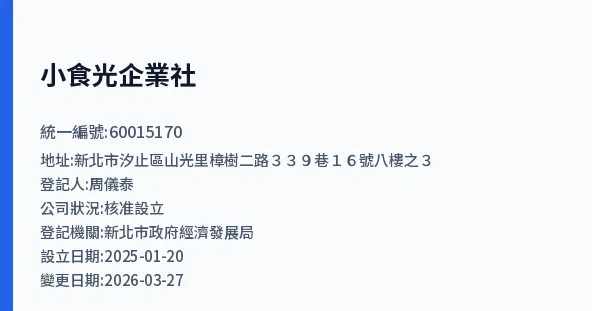 小食光企業社的照片-統編 60015170(新北市) 公司登記資料與營業項目詳細圖表