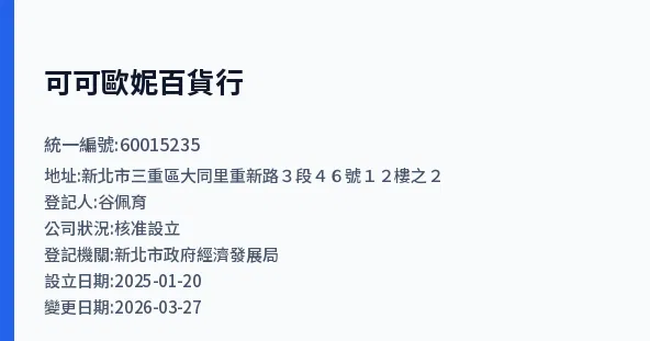 可可歐妮百貨行的照片-統編 60015235(新北市) 公司登記資料與營業項目詳細圖表