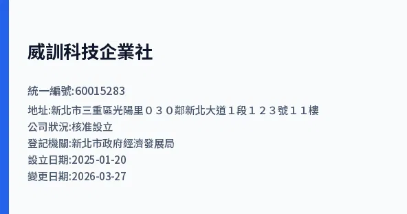 威訓科技企業社的照片-統編 60015283(新北市) 公司登記資料與營業項目詳細圖表