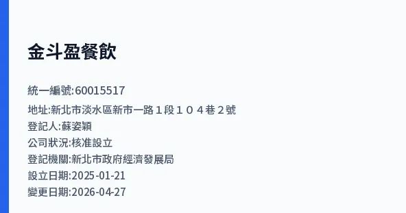 金斗盈餐飲的照片-統編 60015517(新北市) 公司登記資料與營業項目詳細圖表