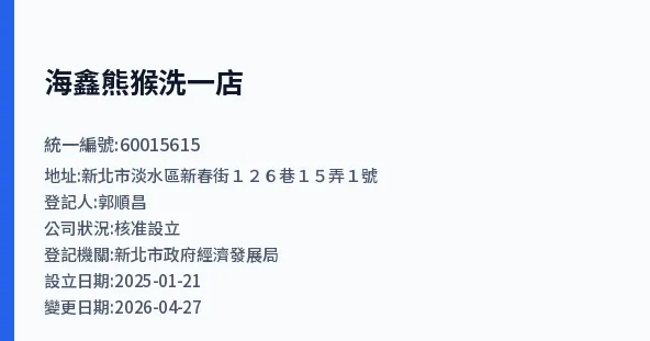 海鑫熊猴洗一店的照片-統編 60015615(新北市) 公司登記資料與營業項目詳細圖表
