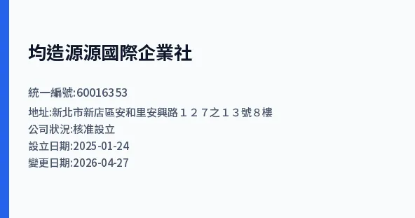 均造源源國際企業社的照片-統編 60016353(新北市) 公司登記資料與營業項目詳細圖表