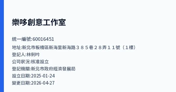 樂哆創意工作室的照片-統編 60016451(新北市) 公司登記資料與營業項目詳細圖表