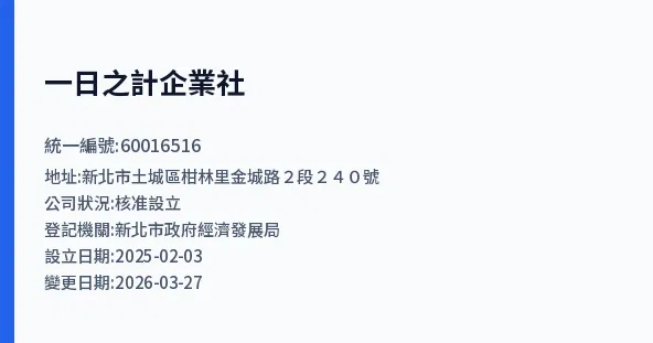 一日之計企業社的照片-統編 60016516(新北市) 公司登記資料與營業項目詳細圖表