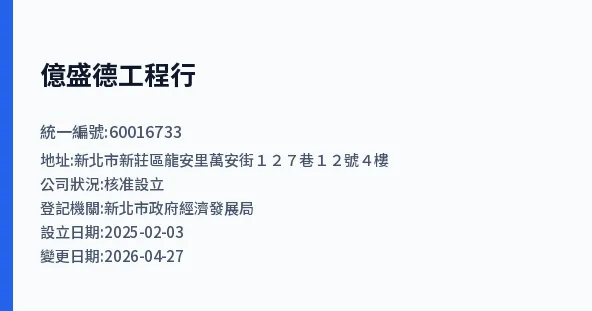 億盛德工程行的照片-統編 60016733(新北市) 公司登記資料與營業項目詳細圖表