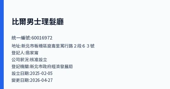 比爾男士理髮廳的照片-統編 60016972(新北市) 公司登記資料與營業項目詳細圖表