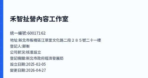 禾智扯營內容工作室的照片-統編 60017162(新北市) 公司登記資料與營業項目詳細圖表