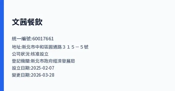 文茜餐飲的照片-統編 60017661(新北市) 公司登記資料與營業項目詳細圖表