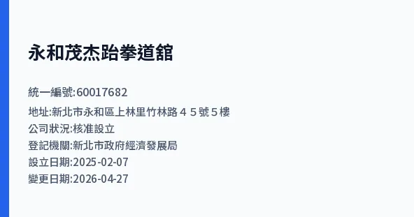 永和茂杰跆拳道舘的照片-統編 60017682(新北市) 公司登記資料與營業項目詳細圖表