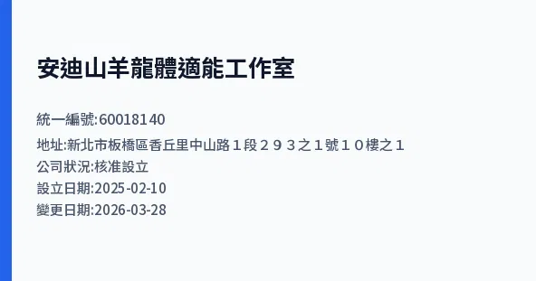安迪山羊龍體適能工作室的照片-統編 60018140(新北市) 公司登記資料與營業項目詳細圖表