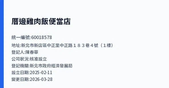 厝邊雞肉飯便當店的照片-統編 60018578(新北市) 公司登記資料與營業項目詳細圖表