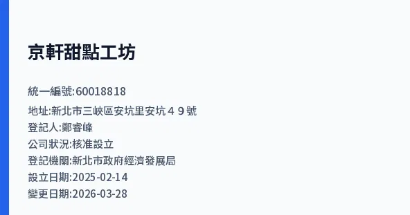 京軒甜點工坊的照片-統編 60018818(新北市) 公司登記資料與營業項目詳細圖表