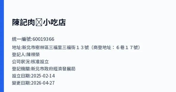 陳記肉焿小吃店的照片-統編 60019366(新北市) 公司登記資料與營業項目詳細圖表