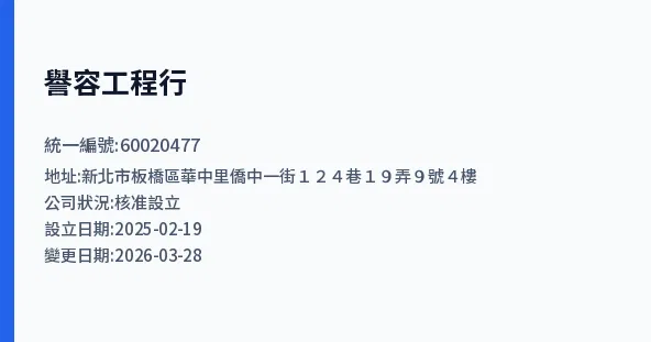 譽容工程行的照片-統編 60020477(新北市) 公司登記資料與營業項目詳細圖表