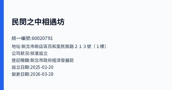 民閔之中相遇坊的照片-統編 60020791(新北市) 公司登記資料與營業項目詳細圖表