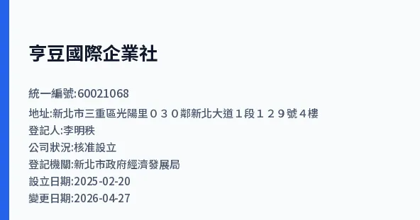 亨豆國際企業社的照片-統編 60021068(新北市) 公司登記資料與營業項目詳細圖表
