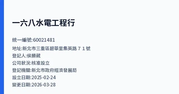 一六八水電工程行的照片-統編 60021481(新北市) 公司登記資料與營業項目詳細圖表