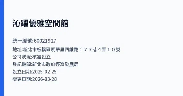 沁躍優雅空間館的照片-統編 60021927(新北市) 公司登記資料與營業項目詳細圖表