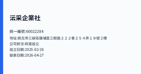 沄采企業社的照片-統編 60022284(新北市) 公司登記資料與營業項目詳細圖表
