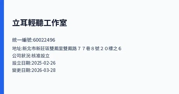 立耳輕聽工作室的照片-統編 60022496(新北市) 公司登記資料與營業項目詳細圖表