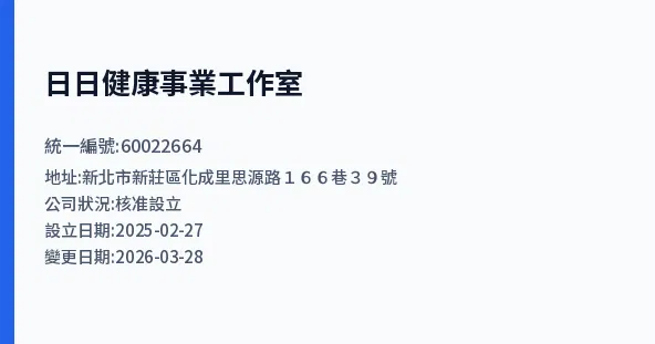 日日健康事業工作室的照片-統編 60022664(新北市) 公司登記資料與營業項目詳細圖表
