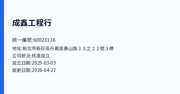 成鑫工程行的照片-統編 60023116(新北市) 公司登記資料與營業項目詳細圖表