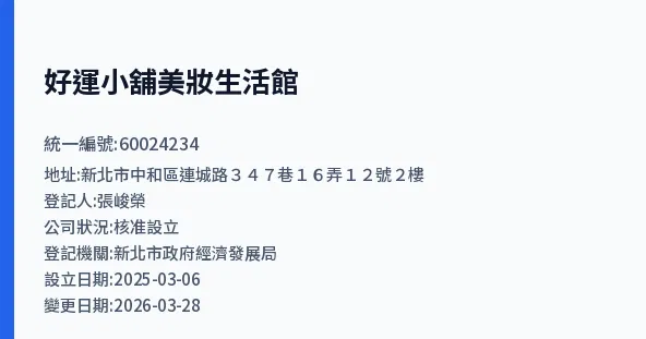 好運小舖美妝生活館的照片-統編 60024234(新北市) 公司登記資料與營業項目詳細圖表