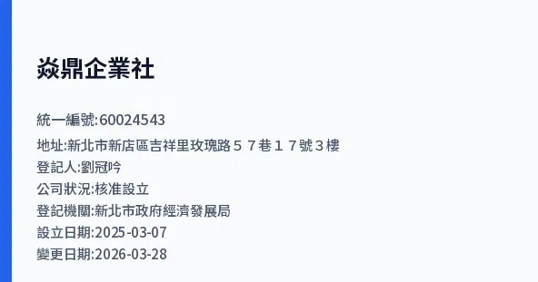 焱鼎企業社的照片-統編 60024543(新北市) 公司登記資料與營業項目詳細圖表