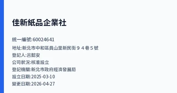 佳新紙品企業社的照片-統編 60024641(新北市) 公司登記資料與營業項目詳細圖表
