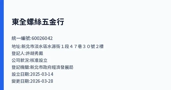東全螺絲五金行的照片-統編 60026042(新北市) 公司登記資料與營業項目詳細圖表