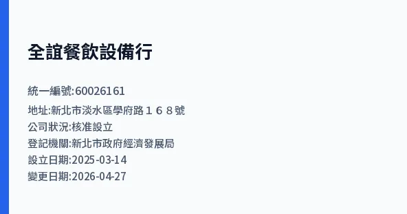 全誼餐飲設備行的照片-統編 60026161(新北市) 公司登記資料與營業項目詳細圖表