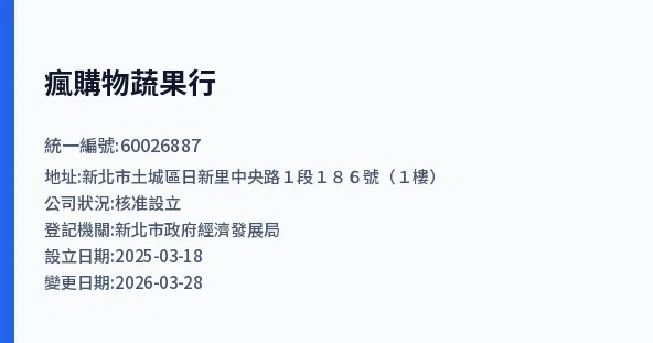 瘋購物蔬果行的照片-統編 60026887(新北市) 公司登記資料與營業項目詳細圖表