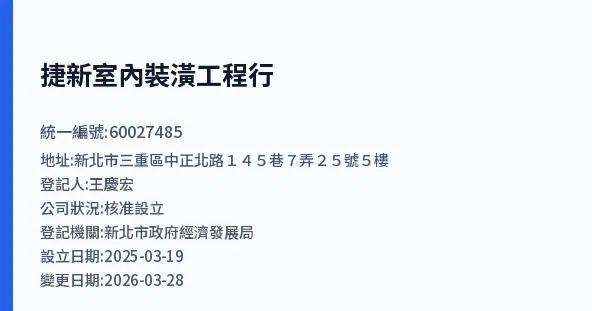 捷新室內裝潢工程行的照片-統編 60027485(新北市) 公司登記資料與營業項目詳細圖表