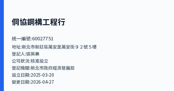侗協鋼構工程行的照片-統編 60027751(新北市) 公司登記資料與營業項目詳細圖表