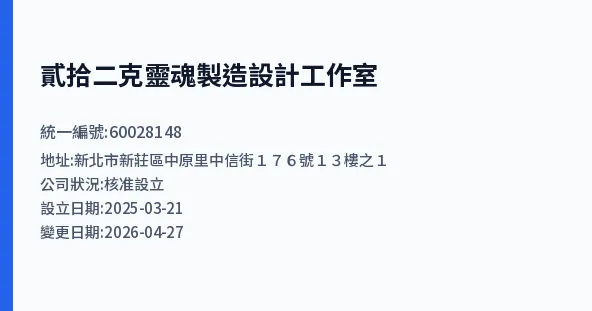 貳拾二克靈魂製造設計工作室的照片-統編 60028148(新北市) 公司登記資料與營業項目詳細圖表