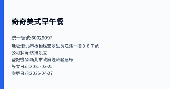 奇奇美式早午餐的照片-統編 60029097(新北市) 公司登記資料與營業項目詳細圖表