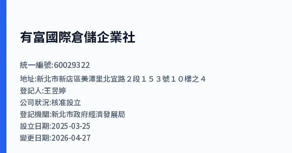 有富國際倉儲企業社的照片-統編 60029322(新北市) 公司登記資料與營業項目詳細圖表