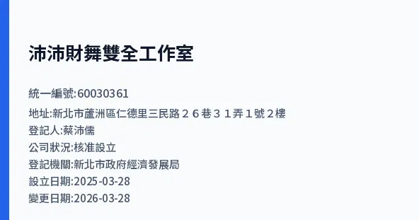沛沛財舞雙全工作室的照片-統編 60030361(新北市) 公司登記資料與營業項目詳細圖表